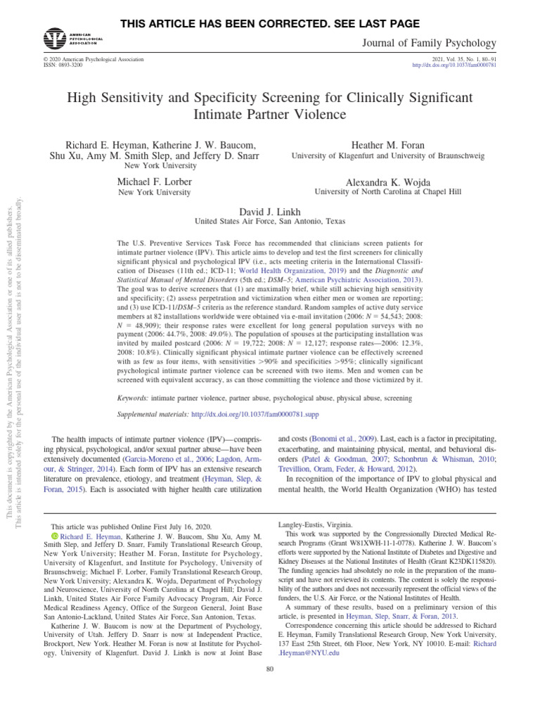 High Sensitivity and Specificity Screening For Clinically Significant Intimate Partner Violence ...