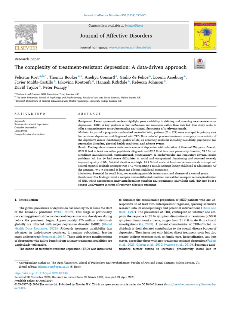 "Data-Driven Insights on TRD Complexity" | PDF | Major Depressive ...