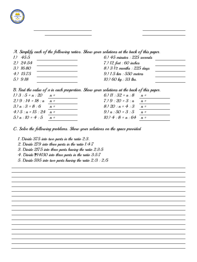 G9 Mathematics: Ratios & Proportions Worksheet | PDF