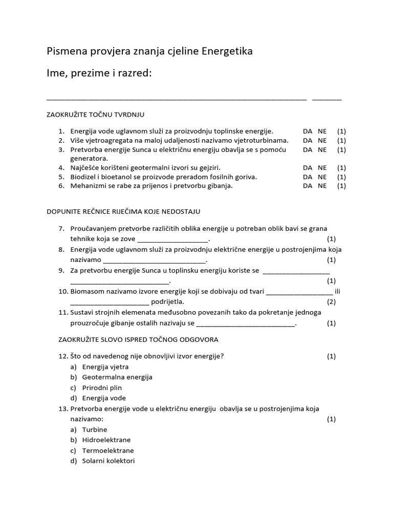 Pismena Provjera Znanja Cjeline Energetika | PDF
