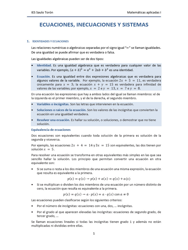 Ampliacion Algebra | PDF | Ecuaciones | Desigualdad (Matemáticas)
