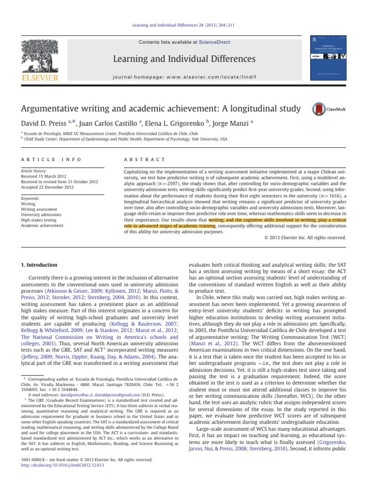 Argumentative Writing and Academic Achievement (Preiss Et Al) | PDF | Graduate Record ...