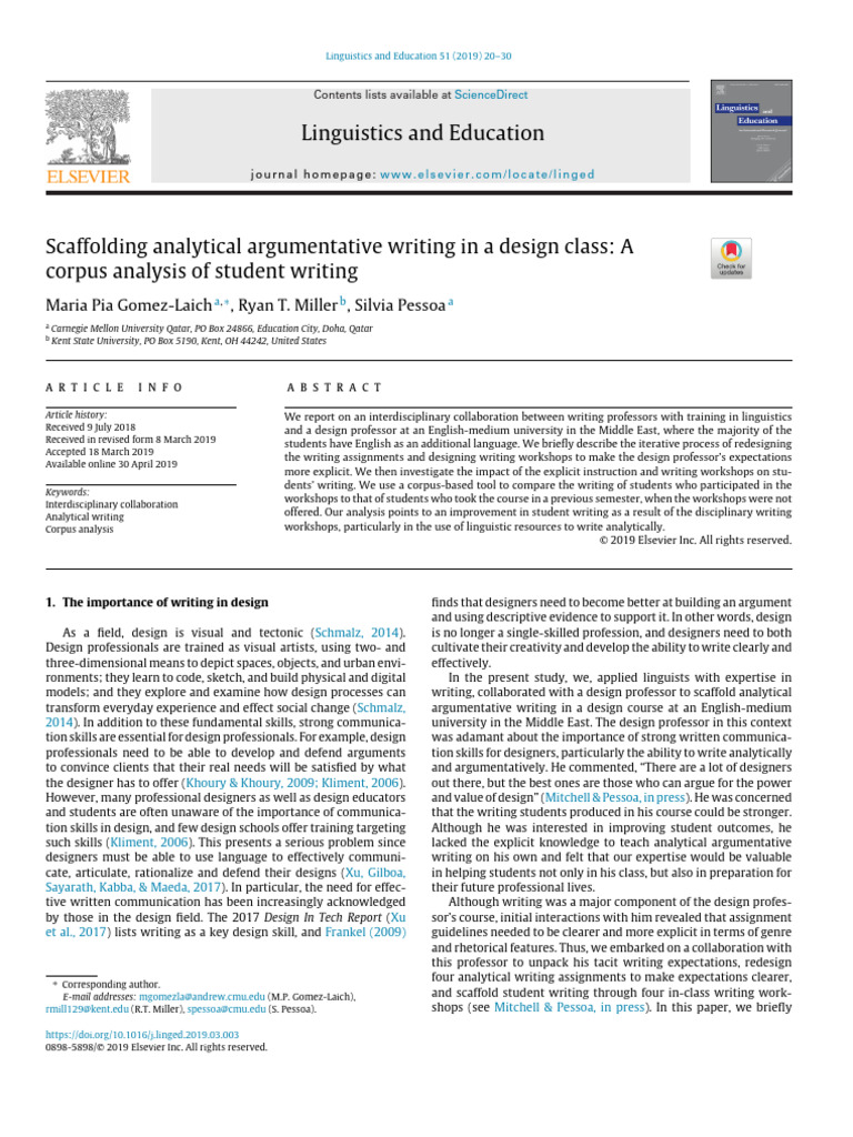 Scaffolding analytical argumentative writing in a design class (Gomez ...