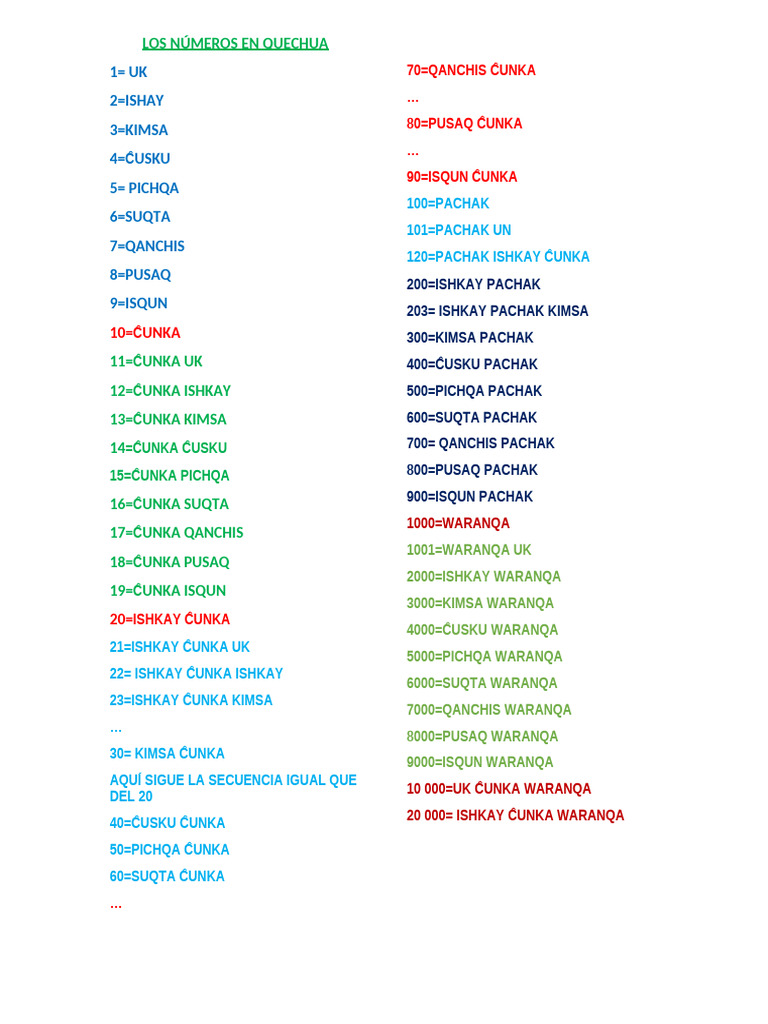 Los Números en Quechua | PDF