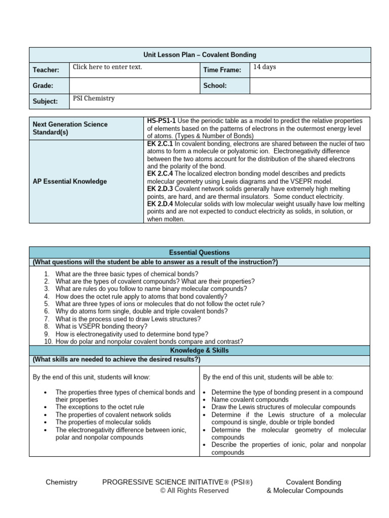Covalent Bonding Unit Lesson Plan | PDF | Chemical Bond | Covalent Bond