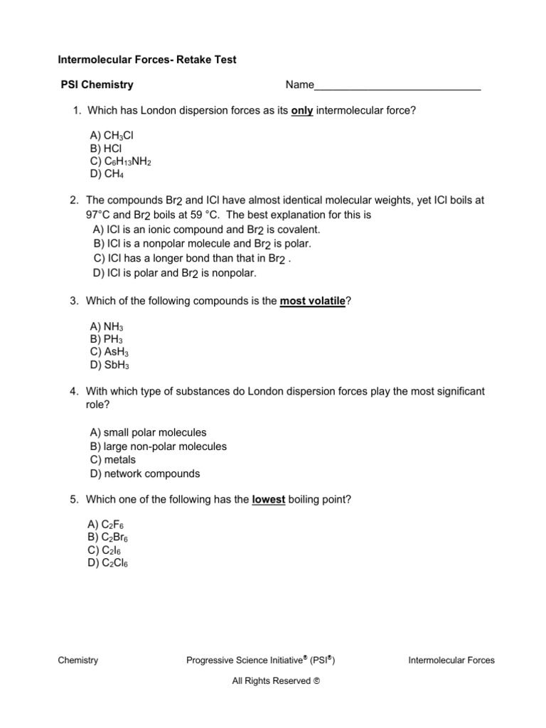 Chem Intermolecular Forces Test Retake 2023-02-22 | PDF | Chemical ...