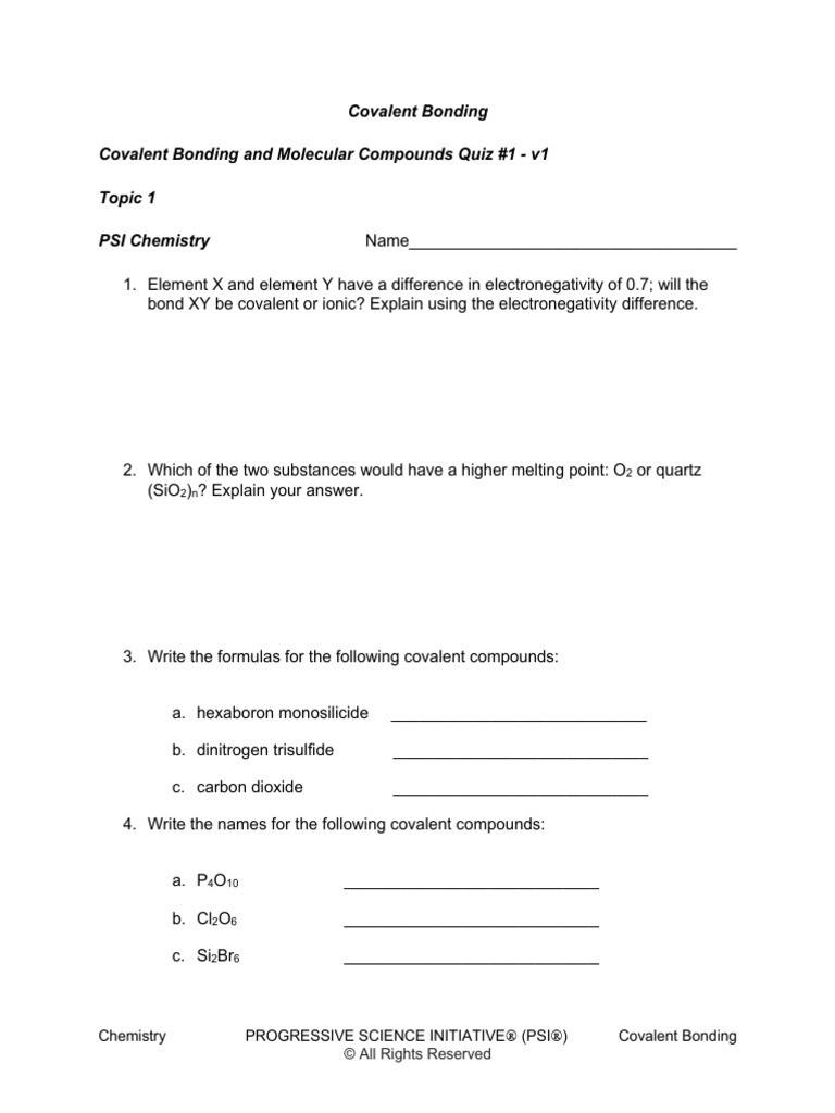 Covalent Bonding Quiz Guide | PDF | Chemical Bond | Chemical Compounds