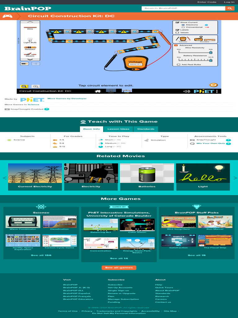 Circuit Construction Kit DC - GameUp - BrainPOP | PDF | Electricity | Electrical Engineering