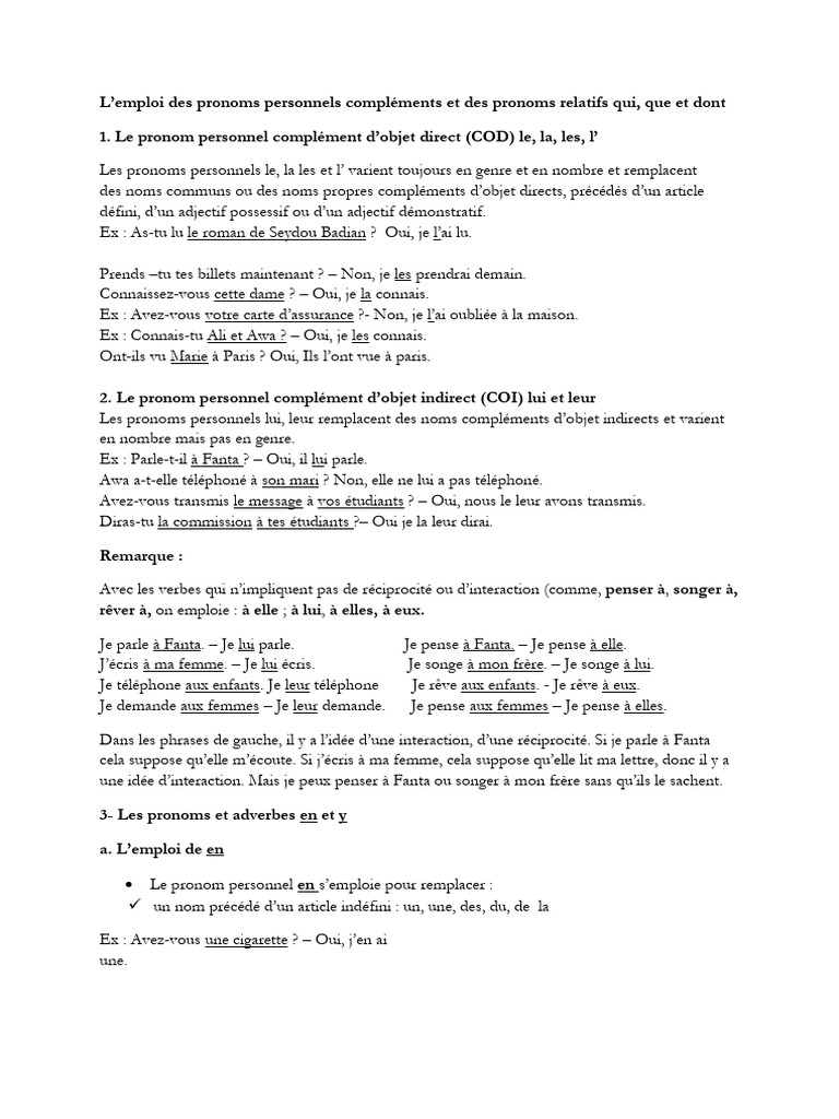Emploi des pronoms personnels et relatifs | PDF | Pronom | Complément d ...