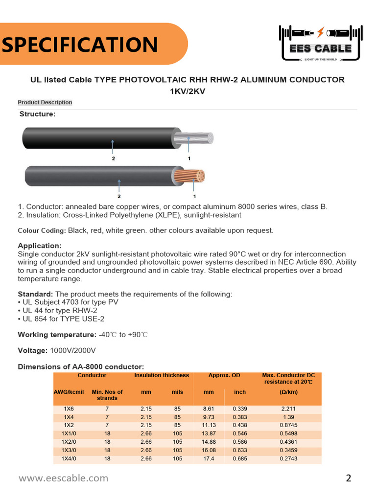 Photovoltaic RHH/RHW-2 Cable Specs | PDF | Electrical Conductor ...