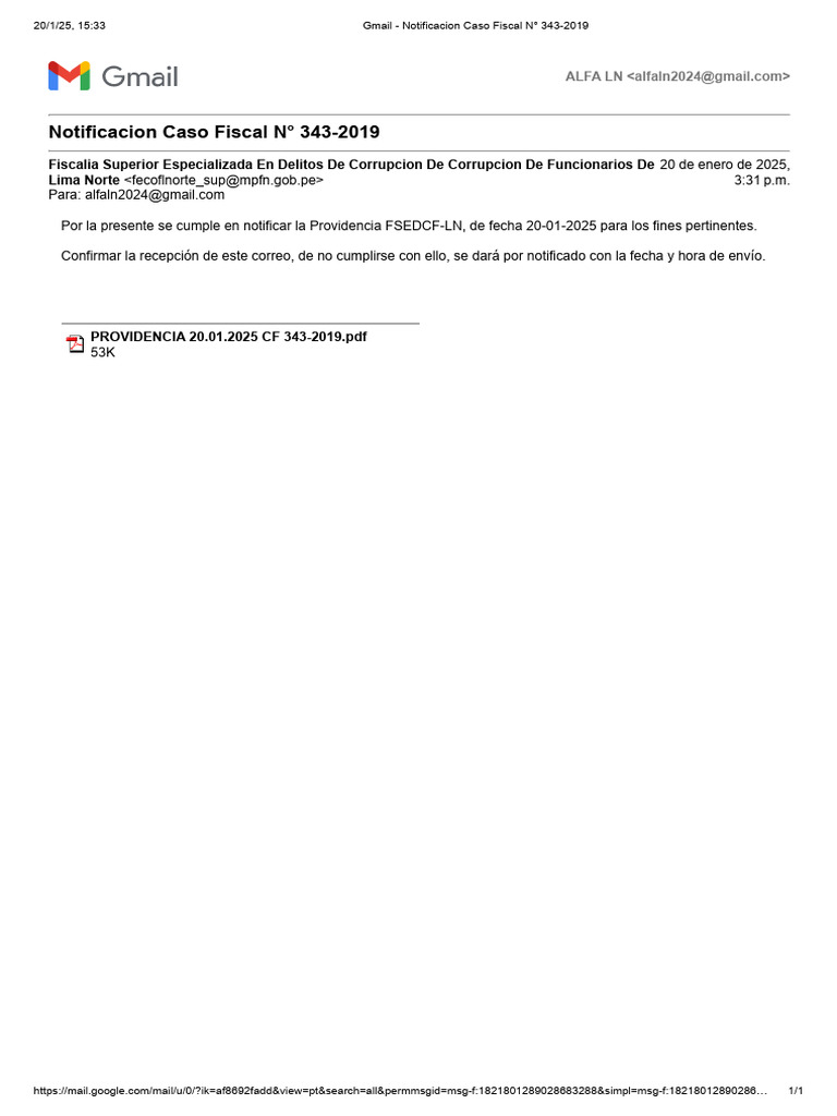 Gmail 20 ENE 2025 15:31 Hrs. PROVIDENCIA N.° 20. Cf. N.° 343-2019. Mall Plaza Comas. OCR. 2p ...