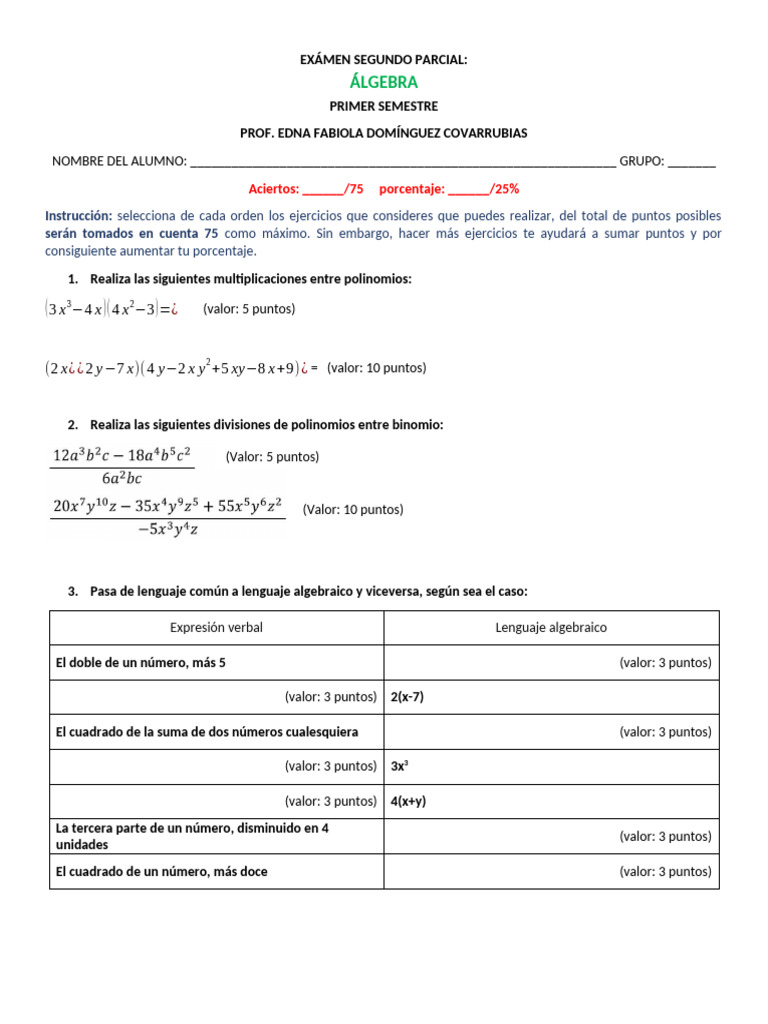 EXÁMEN SEGUNDO PARCIAL alg | PDF | Matemáticas | Álgebra