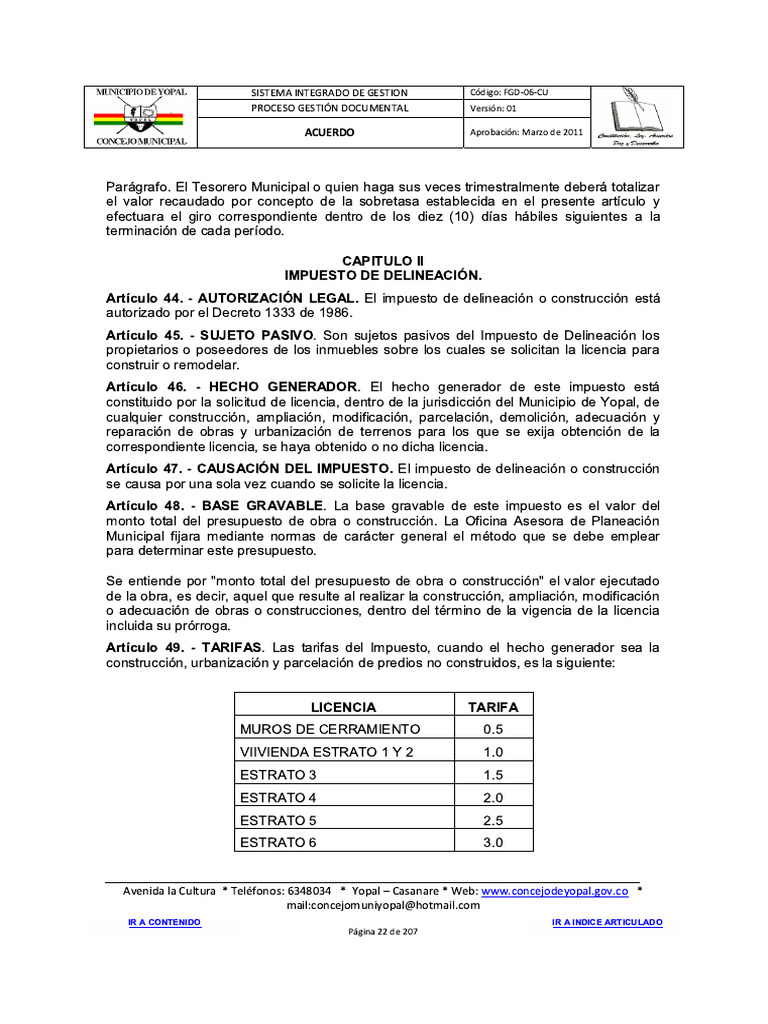 Acuerdo 013 de 2012 en Yopal | PDF