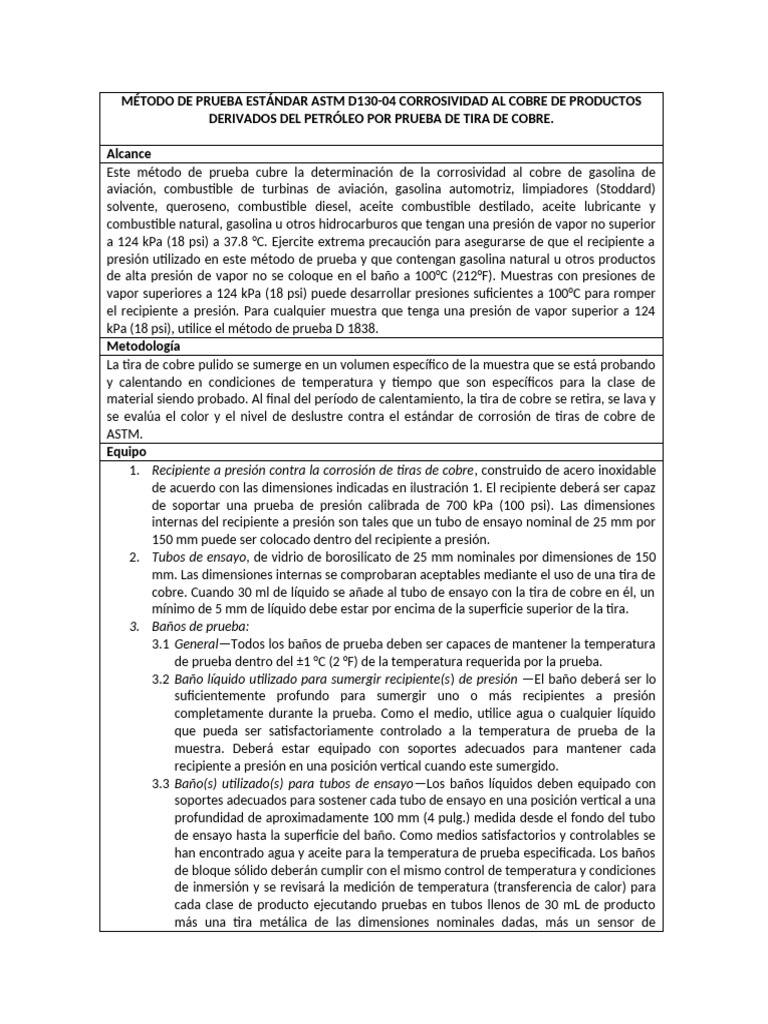 Método de Prueba Estándar ASTM D130-04 Prueba de Corrosión | PDF | Presión | Cobre