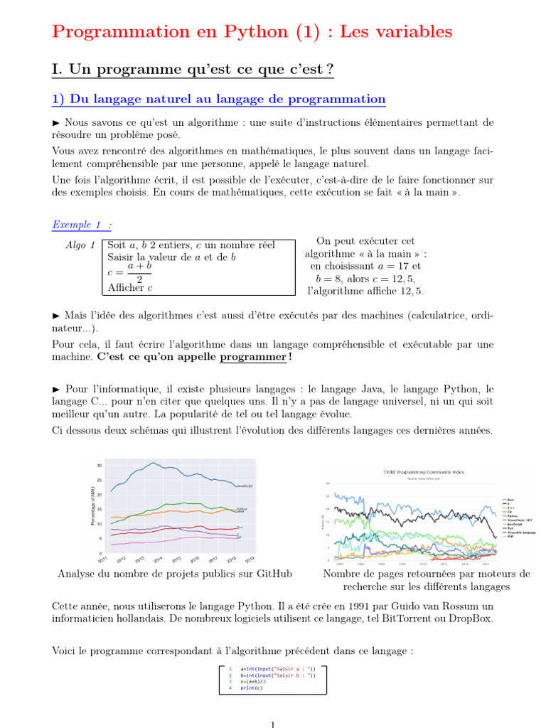 1_LANGAGES ET PROGRAMMATION - I] Les variables | PDF | Variable ...