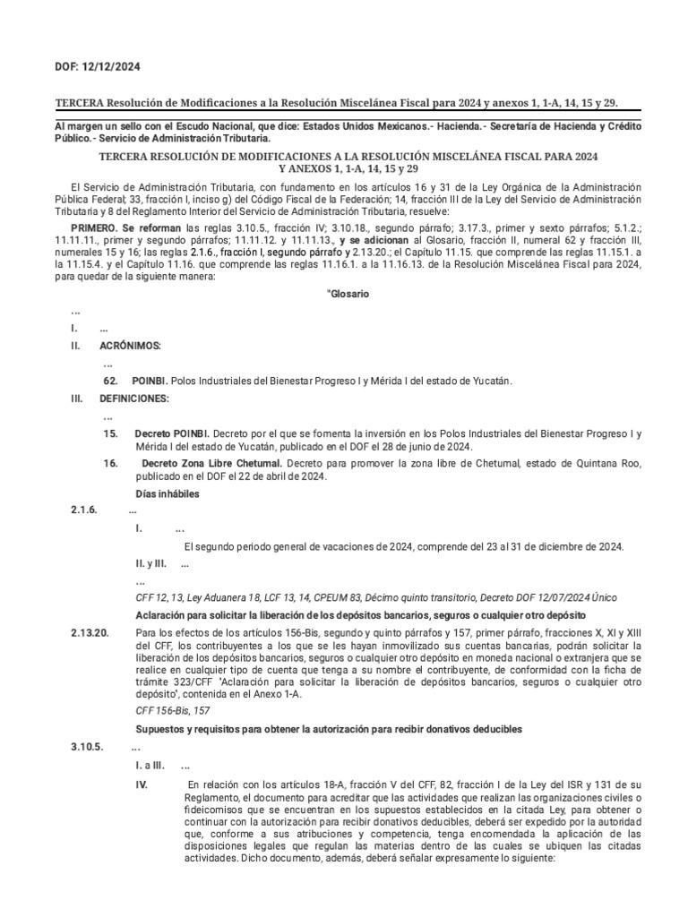 TERCERA Resolución de Modificaciones A La Resolución Miscelánea Fiscal ...