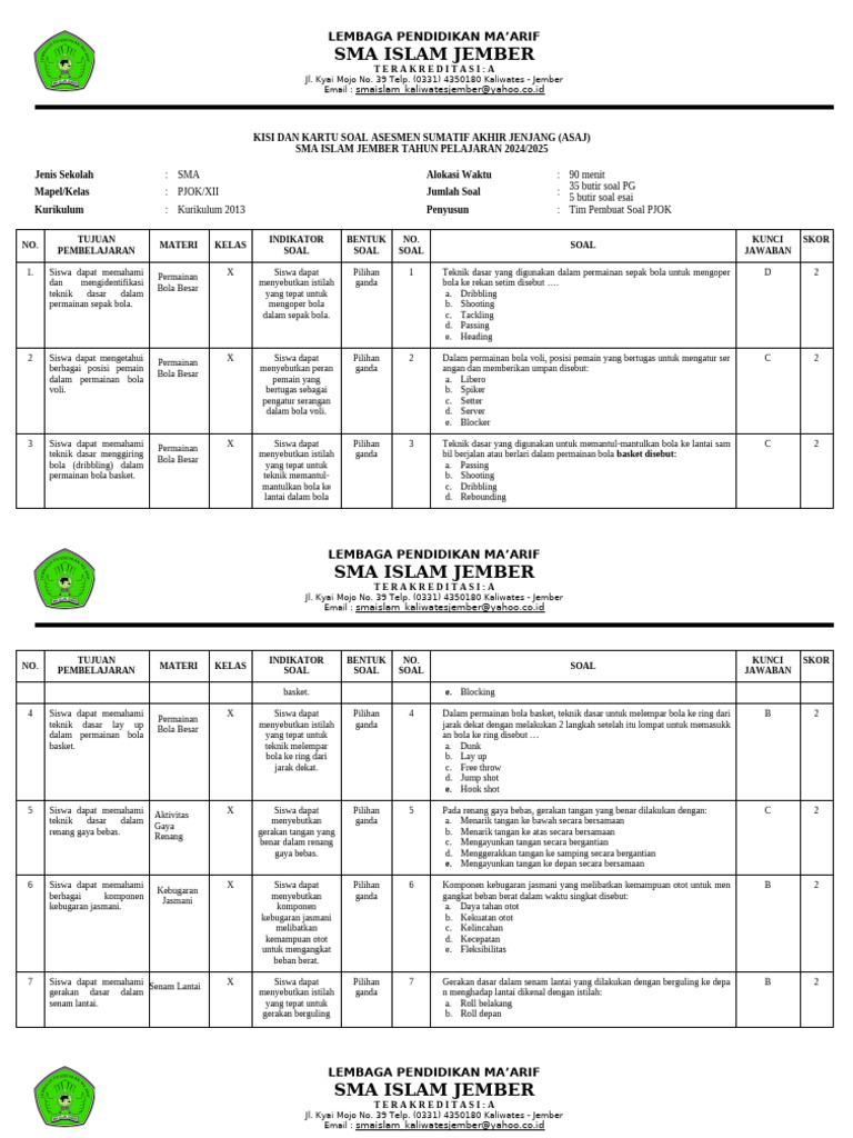 Kisi Dan Kartu Soal Asaj Pjok 2025 Kelas Xii | PDF
