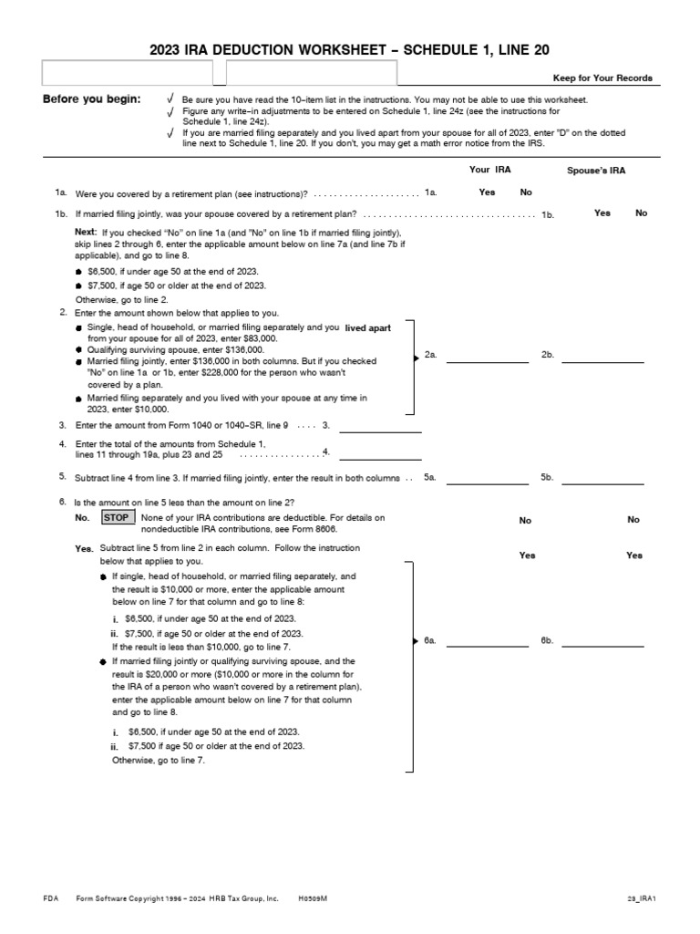 2023 IRA Deduction Worksheet Schedule 1 Line20 Fillable | PDF ...
