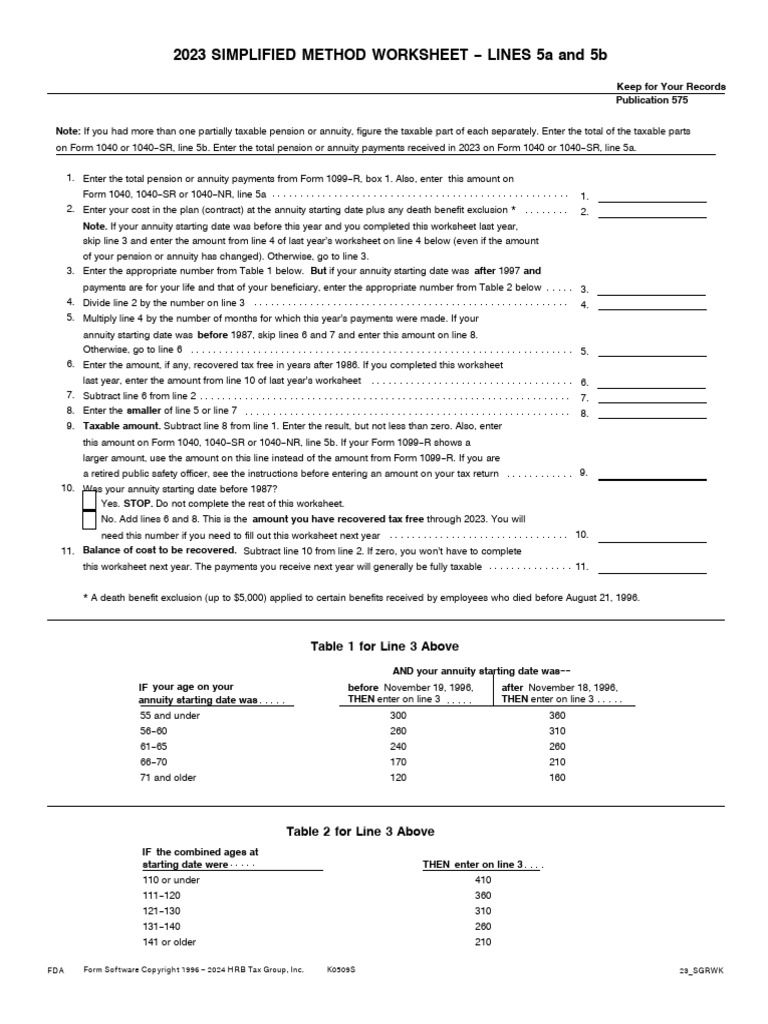 2023 Simplified Method Worksheet Lines 5a and 5b Fillable | PDF | Life ...