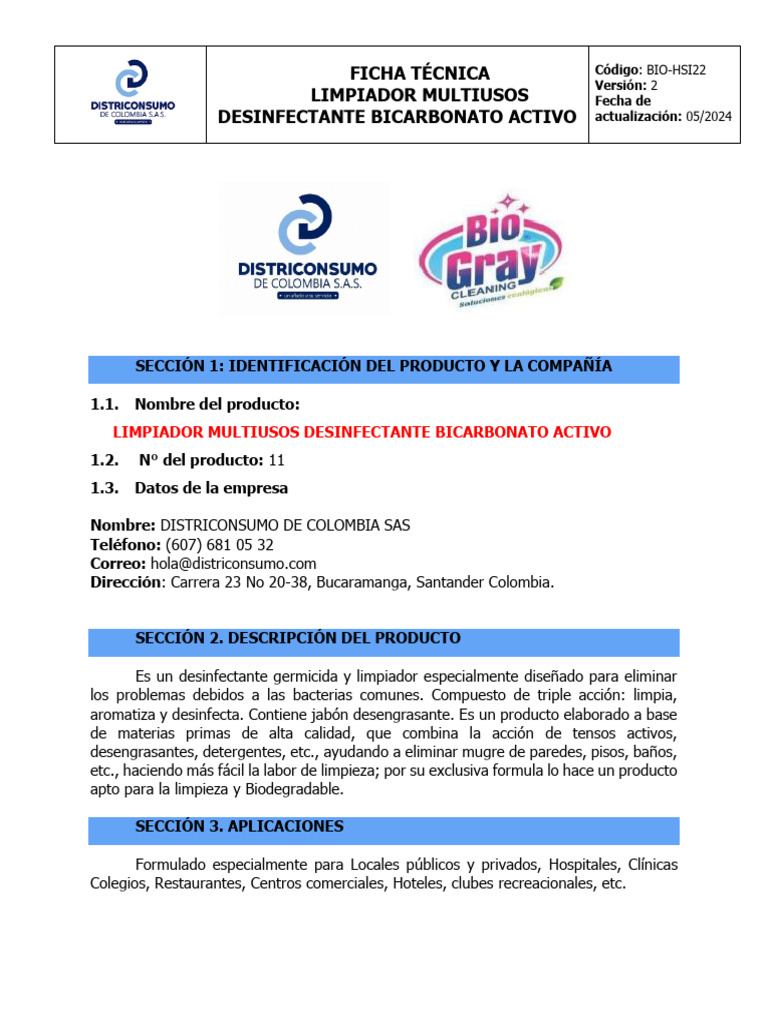 1. FICHA_TECNICA_BIO-11-FT-LIMPIADOR DESINFECTANTE MULTIUSOS | PDF | Agua