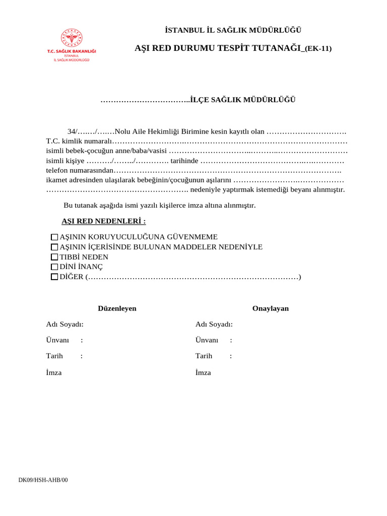 DK09 Hsh-Ahb - Aşi Red Durumu Tespi̇t Tutanaği - (Ek 11) | PDF