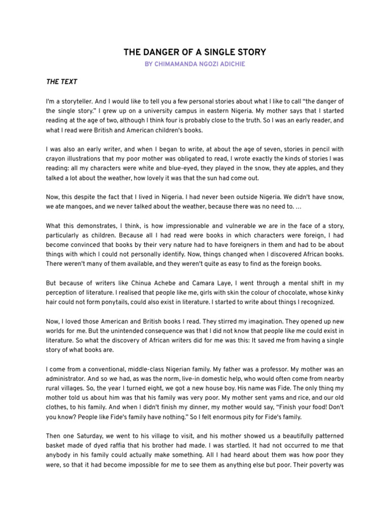 The Danger of a Single Story Explained | PDF | Stereotypes