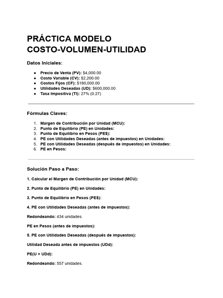 Práctica Modelo Costo-Volumen-Utilidad. Valor 10 Puntos. Fecha Límite de Envío | PDF