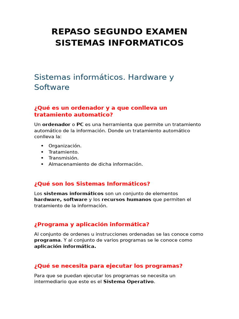 REPASO SEGUNDO EXAMEN SISTEMAS INFORMATICOS | PDF | Sistema operativo | Hardware de la computadora
