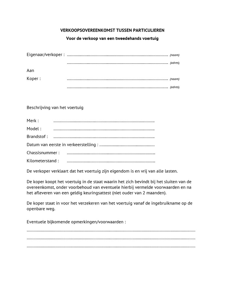 Verkoopsovereenkomst Tussen Particulieren | PDF