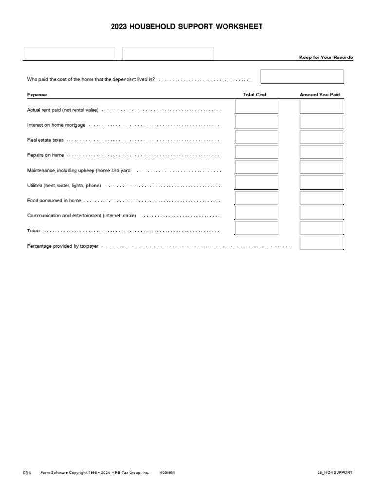 2023 Household Support Worksheet Fillable | PDF