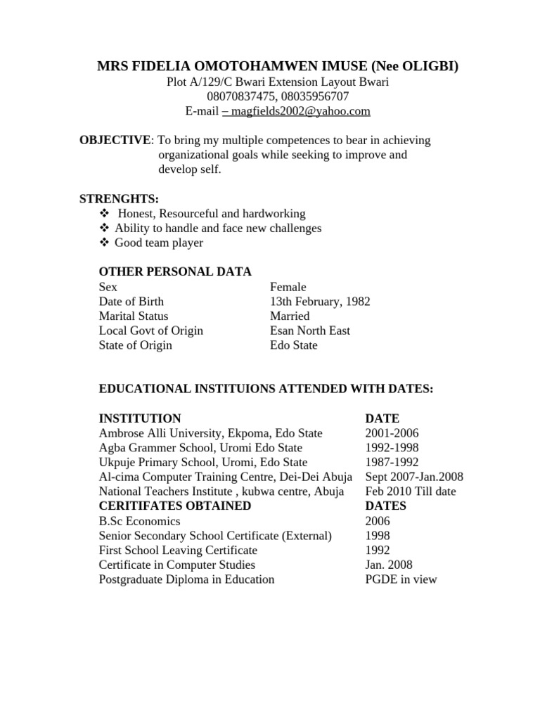 MRS Fidelia Omotohamwen Imuse CV | PDF