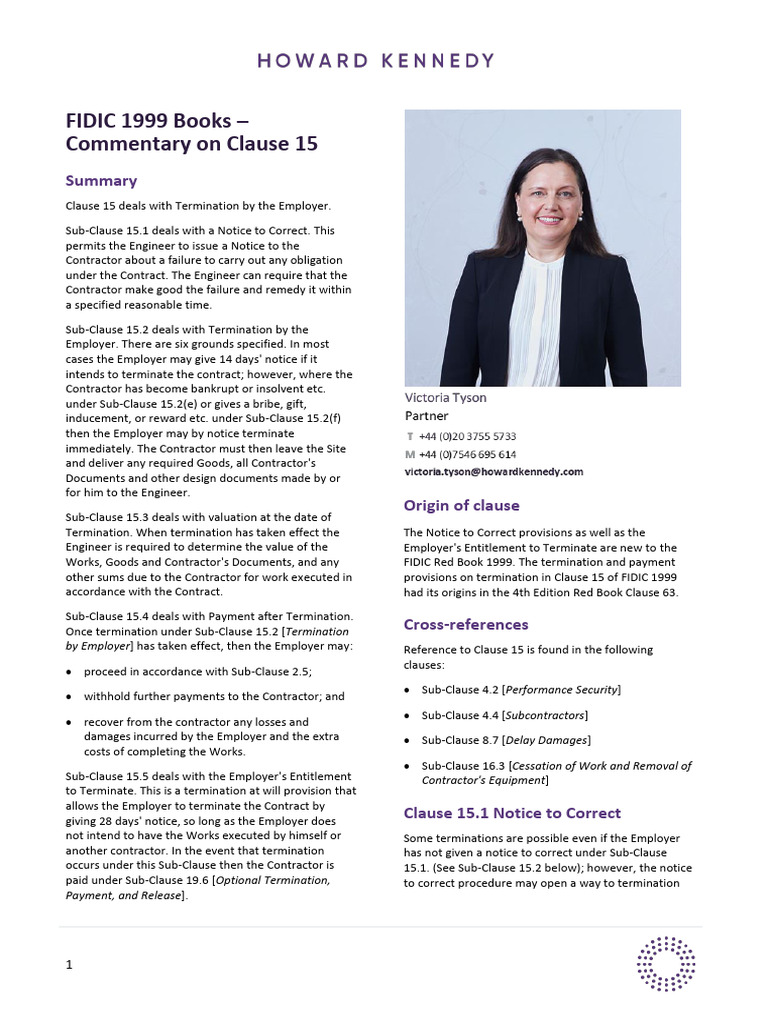VT FIDIC 1999 Commentary On Clause 15 | PDF | Employment | Breach Of Contract