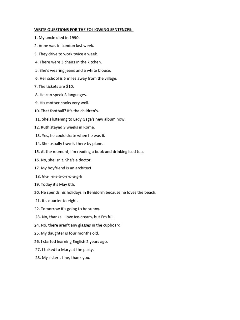Write Questions For The Following Sentences - 22nd January | PDF
