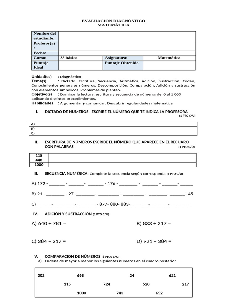 Evaluación Diagnóstica de Matemática 3° Básico | PDF | Matemáticas ...