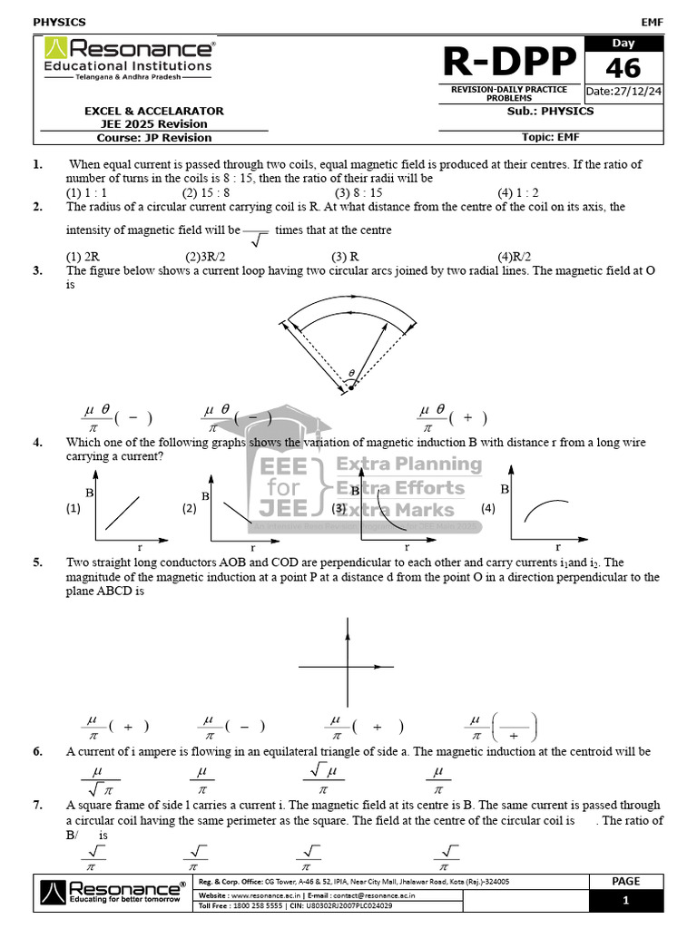 Excel & Accelarator RDPP Phy Day-46 Emf | PDF | Mechanics | Electrical Engineering
