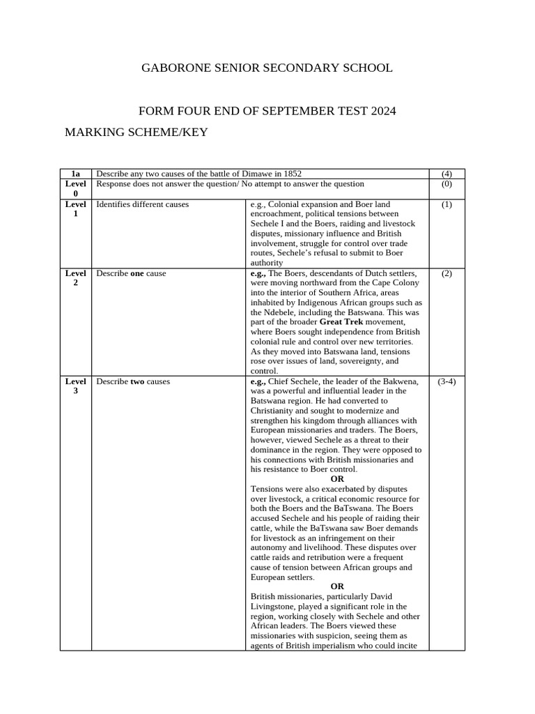 FORM FOUR END OF SEPTEMBER 2024 MARKING KEY | PDF | Botswana | British Empire