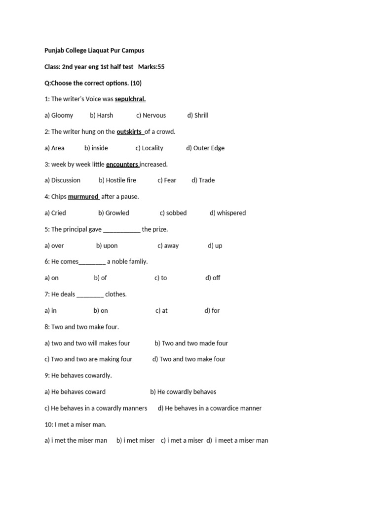 Punjab College 2nd Year English Test Guide | PDF