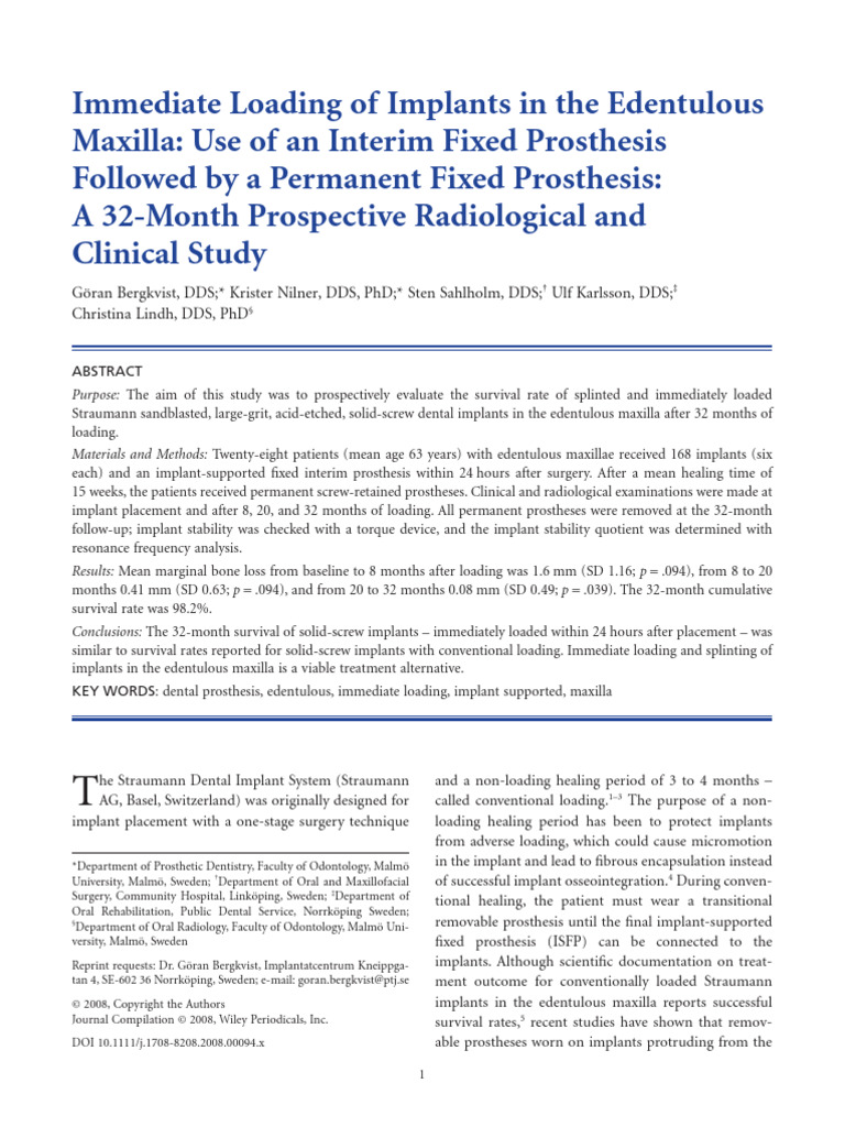 Immediate Loading of Implants | PDF | Dental Implant | Medical Specialties