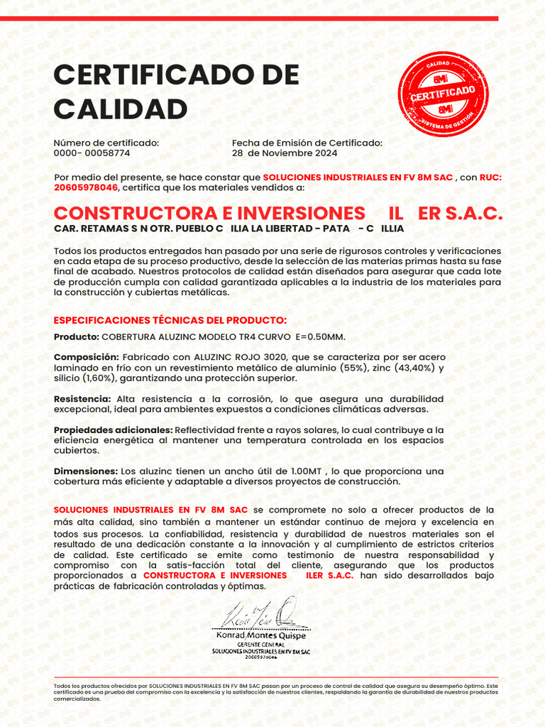 CERTIFICADO DE CALIDAD CONSTRUCTORA E INVERSIONES WILHER S.A.C. (1) | PDF | Materiales | Sector ...