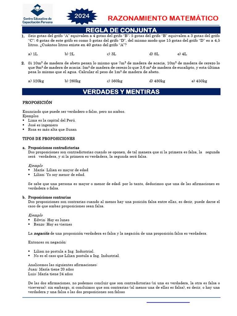 Razonamiento Lógico Verdades Y Mentiras Pdf Proposición Verdad