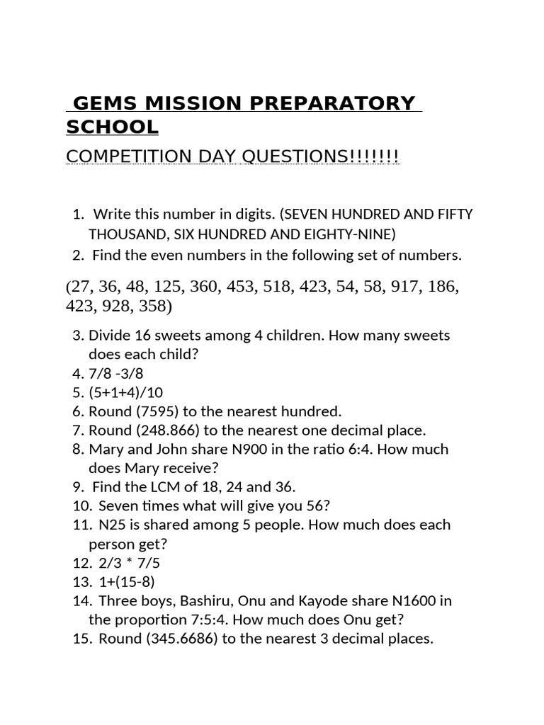 GEMS MISSION PREPARATORY SCHOOL compettion questions | PDF ...
