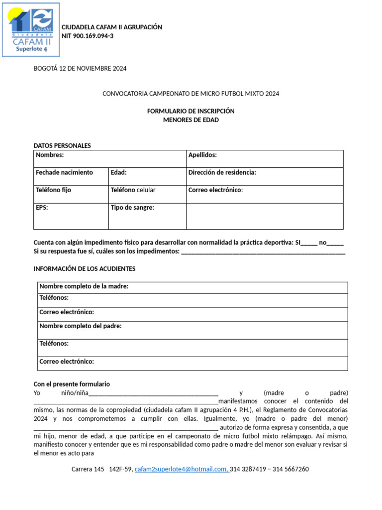 Formulario Convoctoria Campeonato de Futbol | PDF