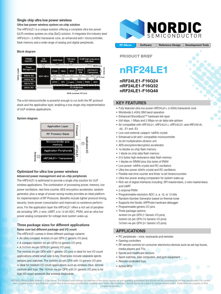 nRF24LE1: Single Chip Ultra Low Power Wireless | PDF | System On A Chip | Microcontroller