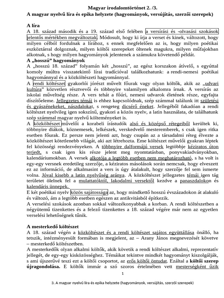 A Magyar Nyelvű Líra És Epika Helyzete (Hagyományok, Versújítás, Szerzői Szerepek) | PDF