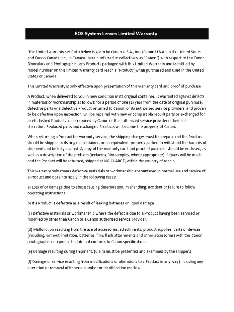 Canon EOS System Lenses Warranty | PDF | Damages | Canon Inc.