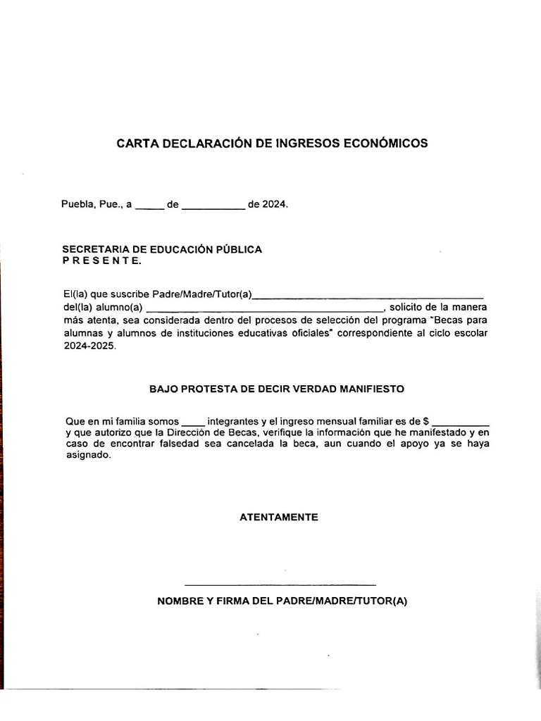 Carta de Ingresos Becas | PDF