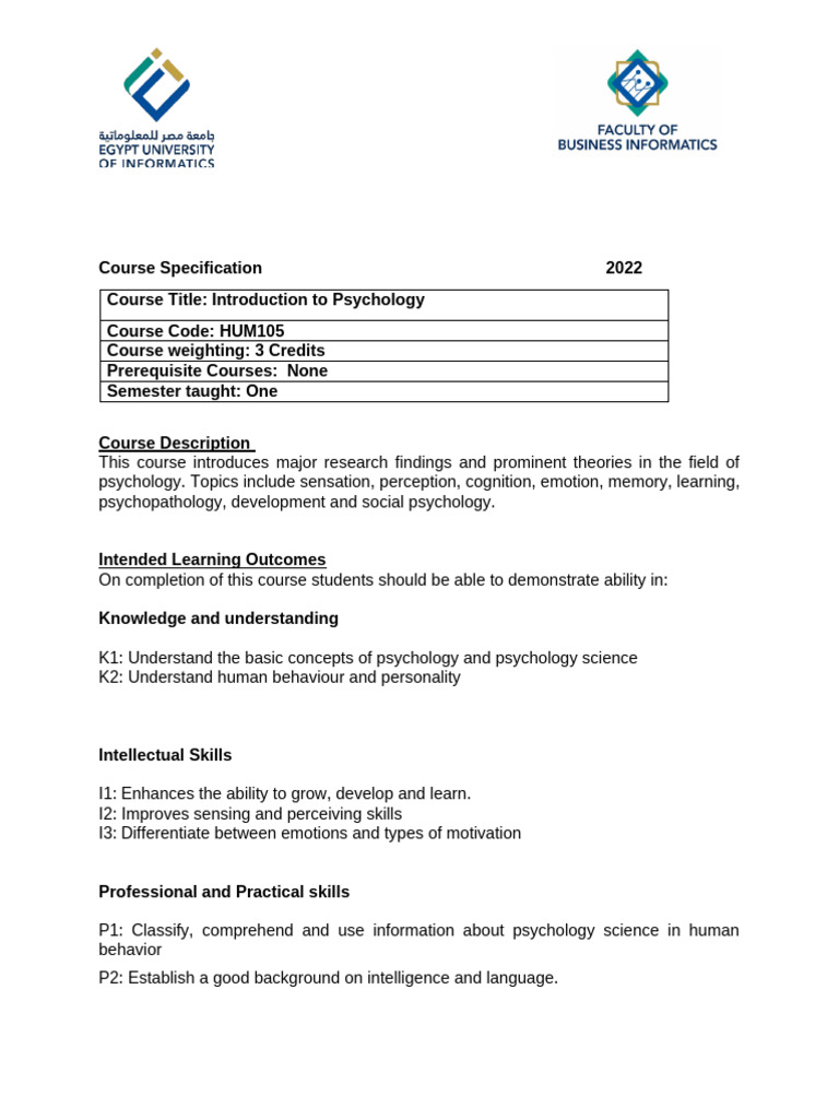 Introduction To Psychology Course Specifications | PDF | Psychology ...