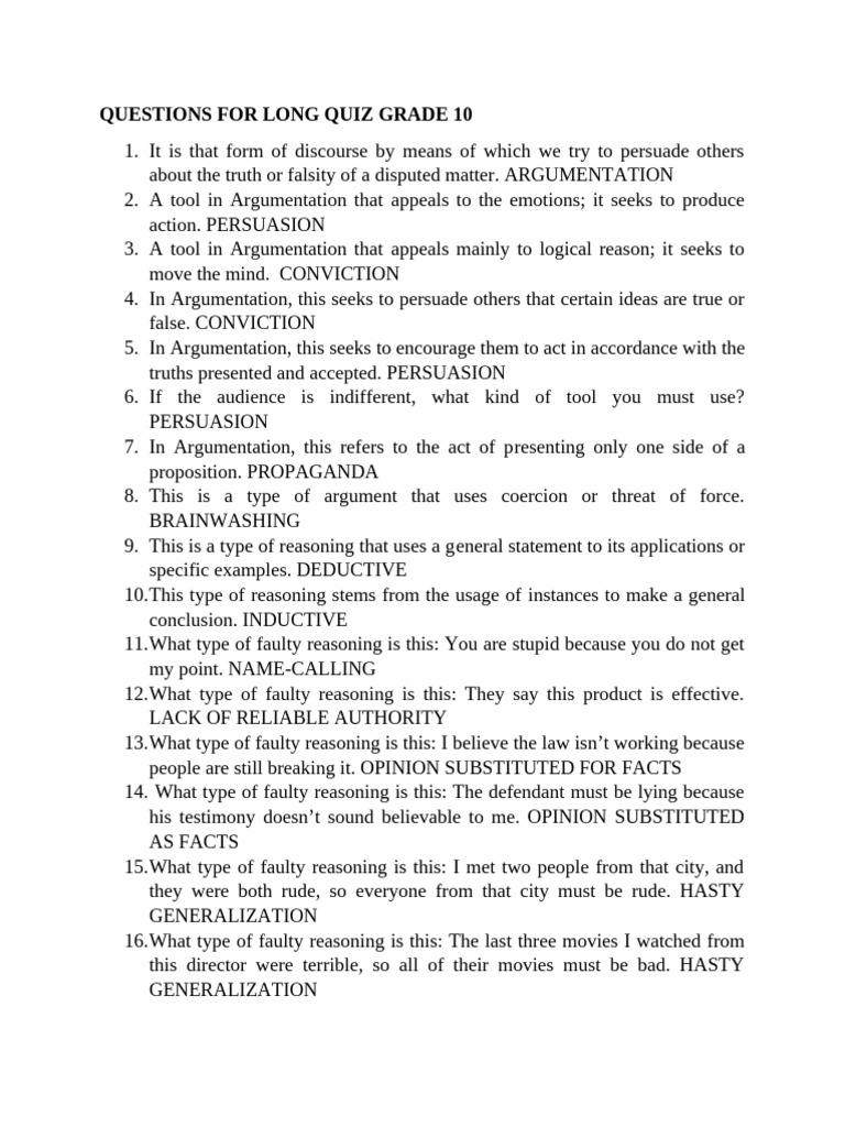 Grade 10 Argumentation Quiz Questions | PDF | Argument | Fallacy
