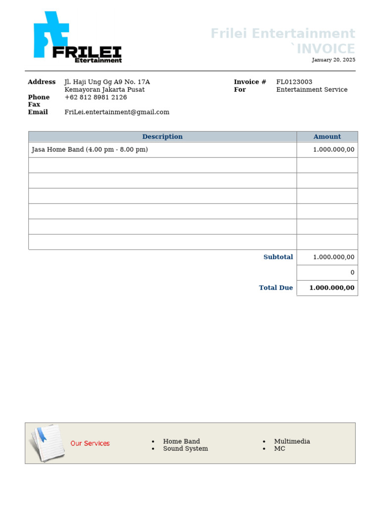 Frilei Entertainment Invoice January 2025 | PDF