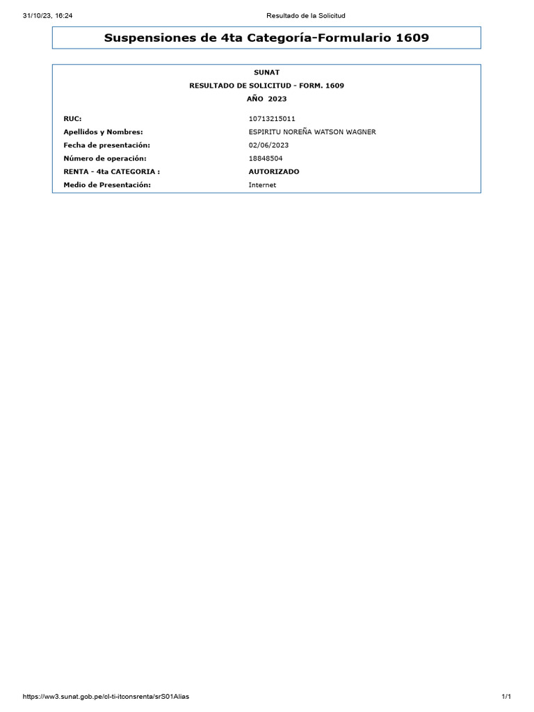 Resultado Solicitud Formulario 1609 | PDF